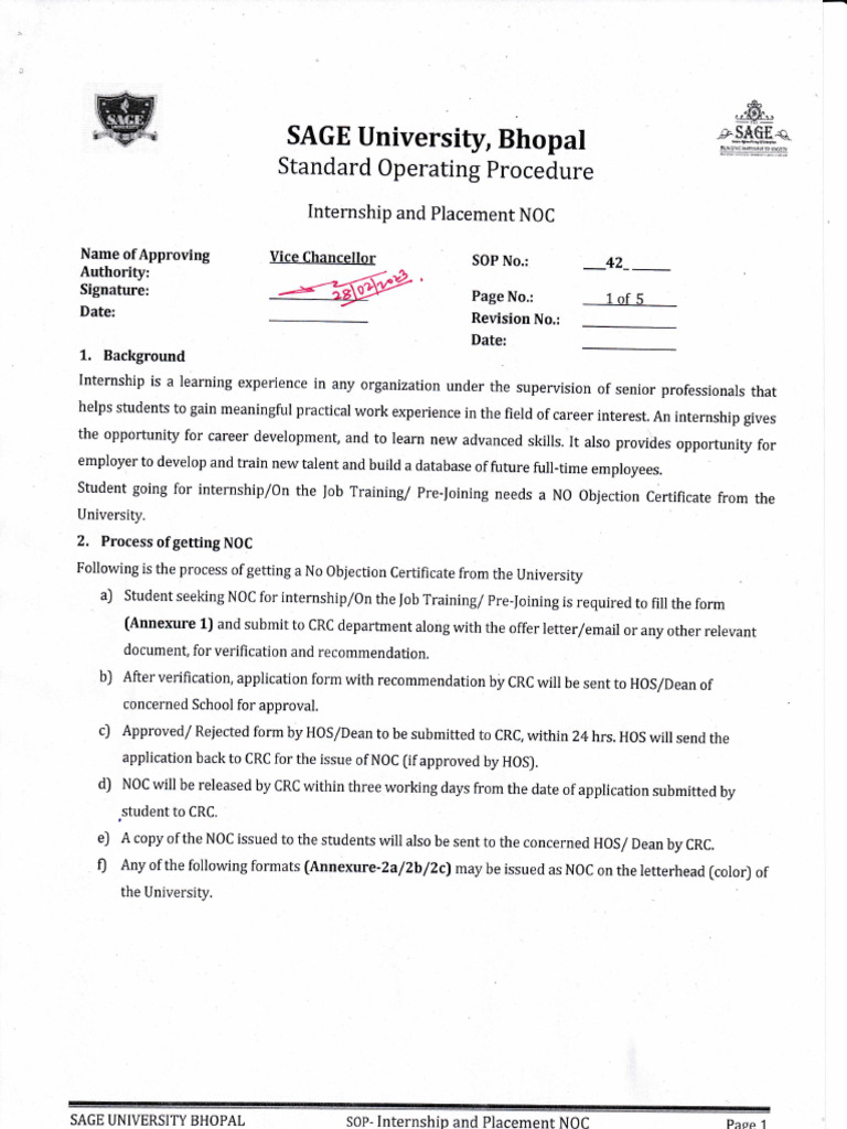 SOP 42 Internship and Placement NOC | PDF