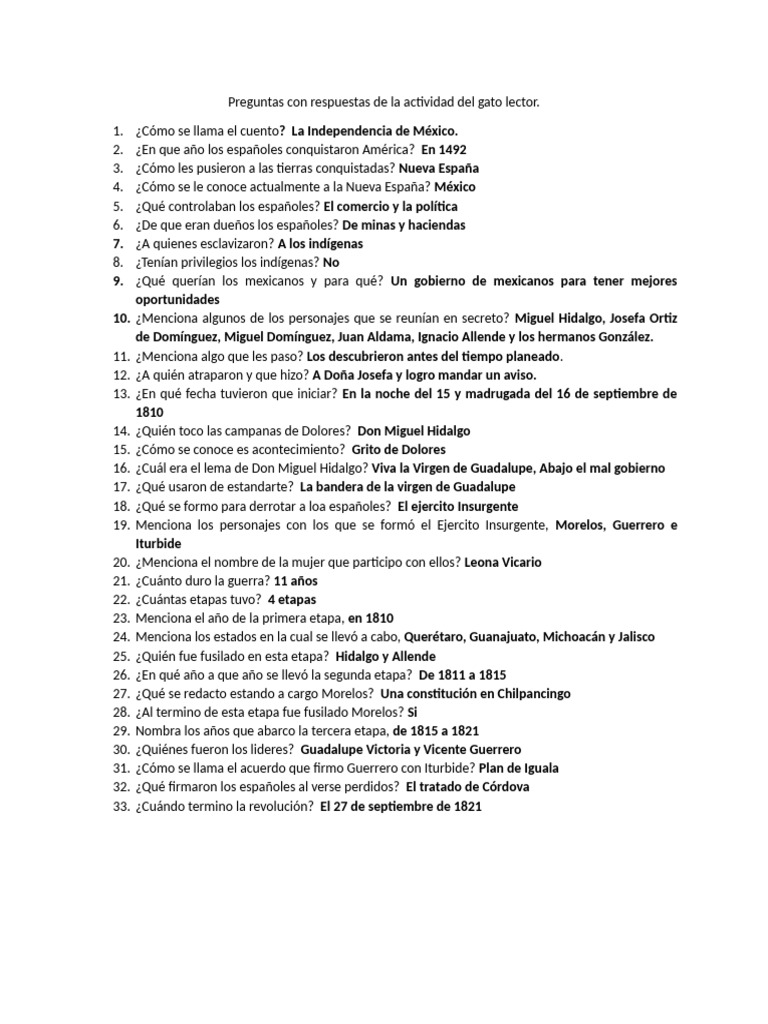 Preguntas Con Respuestas de La Actividad Del Gato Lector | PDF