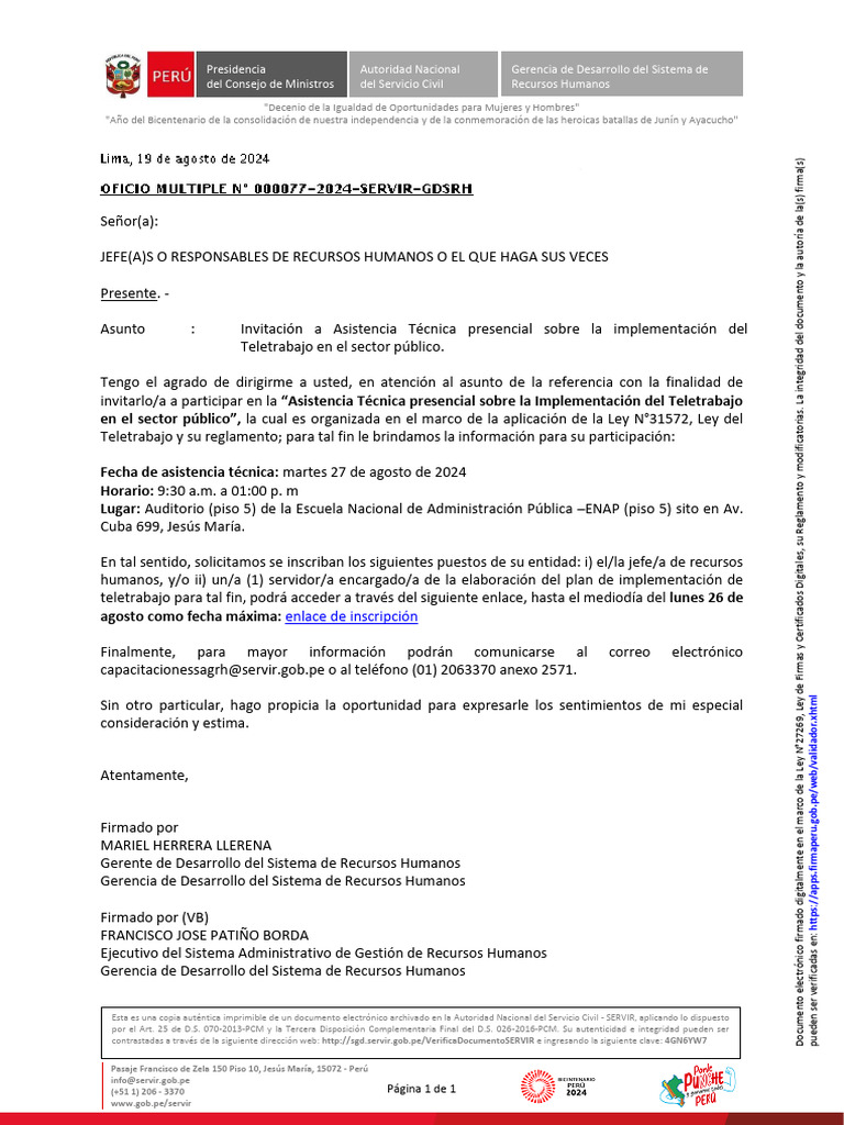 OFICIO MULTIPLE-000077-2024-SERVIR-GDSRH | PDF
