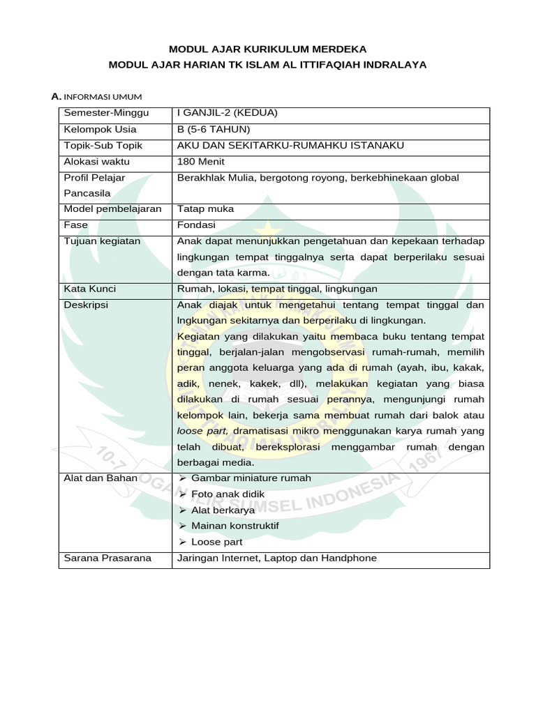 Modul Ajar Kurikulum Merdeka TK Islam Al Ittifaqiah Minggu 2 | PDF