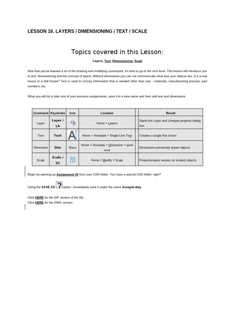 Lesson 16. Layers, Dimensioning, Text & Scale | PDF | Angle | Computing