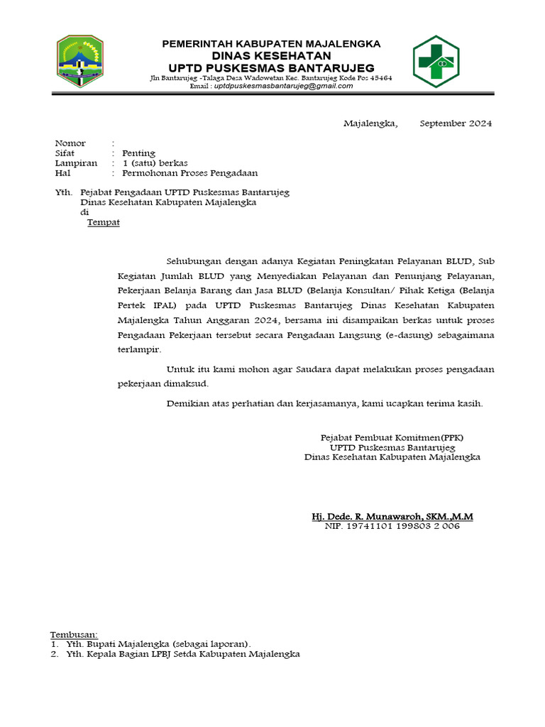 Surat Permohonan Pengadaan Konsultan Pertek IPAL (Puskesmas Bantarujeg) | PDF