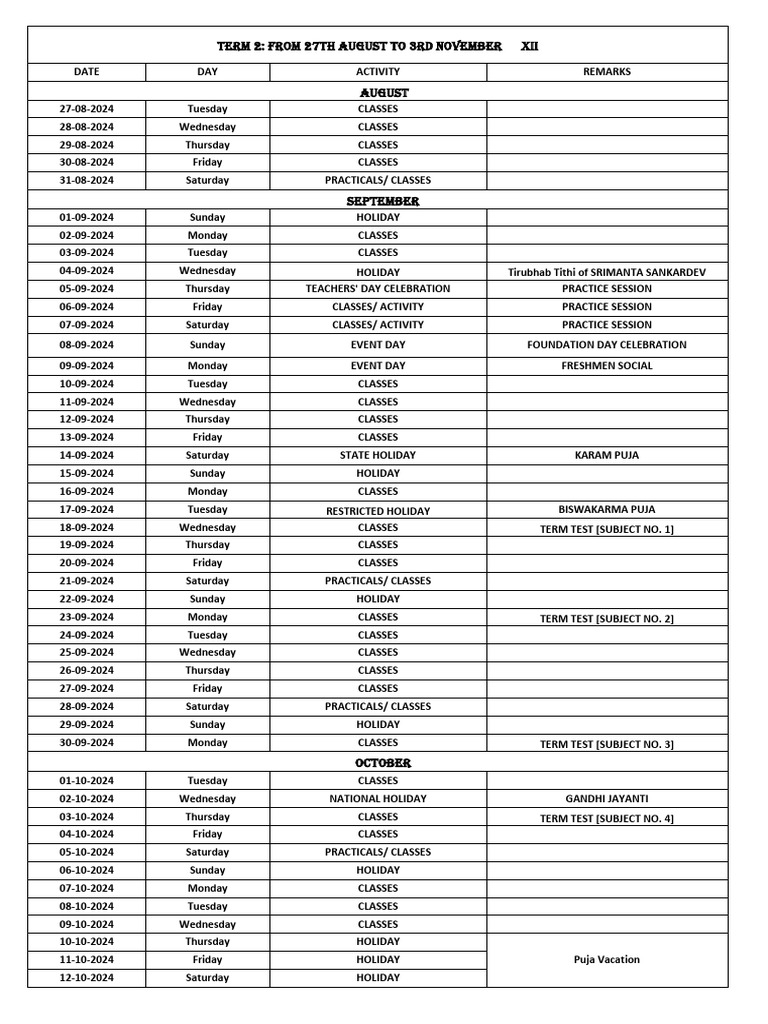 Term 2 Schedule: Classes & Holidays | PDF
