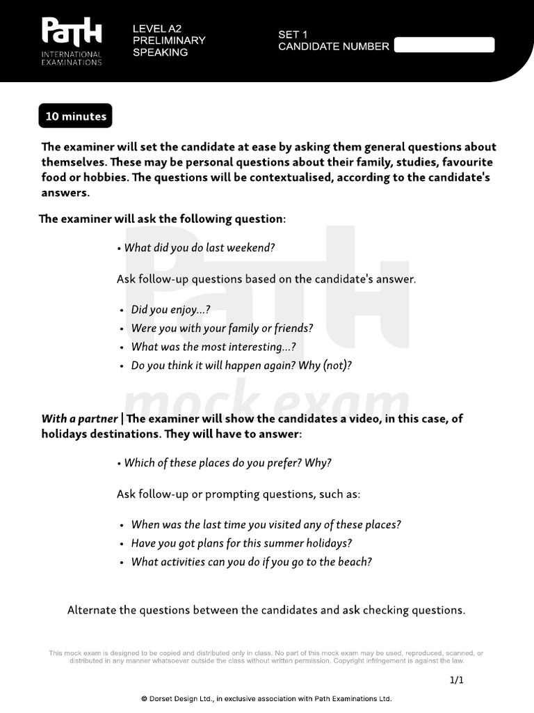 A2 Preliminary - Set 1 - Speaking | PDF