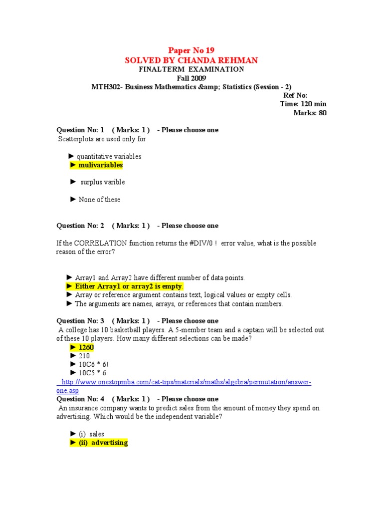 FINALTERM Mth302 Solved by Chanda Rehman Paper No19 | PDF ...