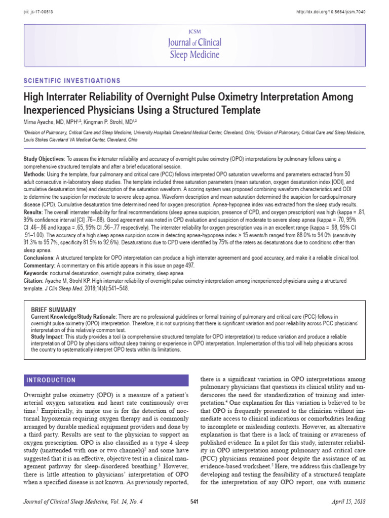 High Interrater Reliability of Overnight Pulse Oximetry Interpretation ...