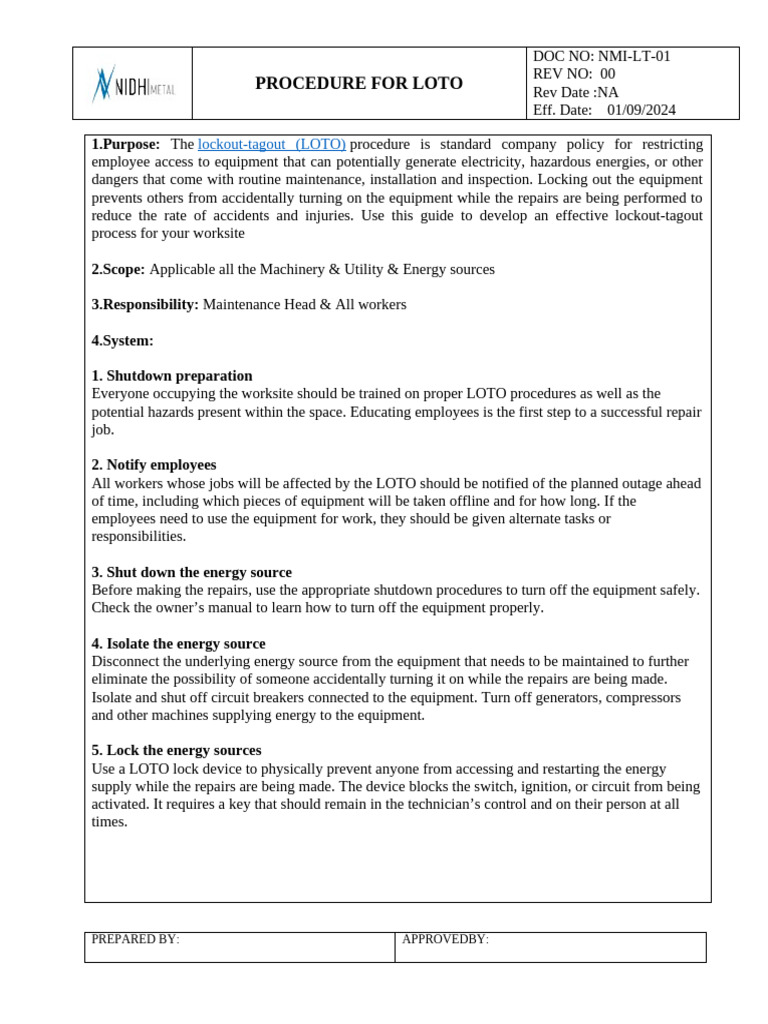 LOTO Procedure | PDF