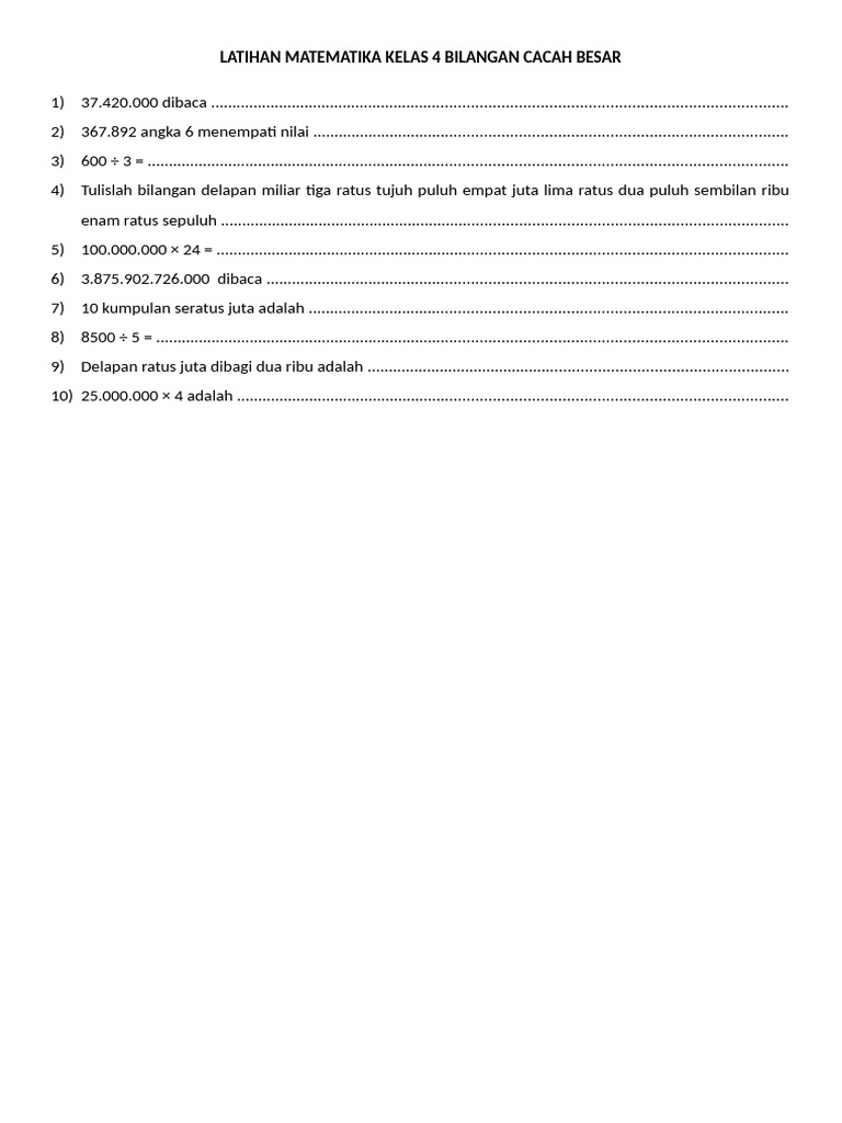 Latihan Matematika Kelas 4 Bilangan Cacah Besar Pdf