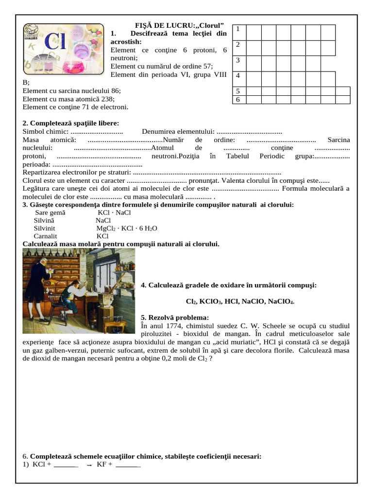 Fisa de Lucru. Clasa 9a. Clorul | PDF
