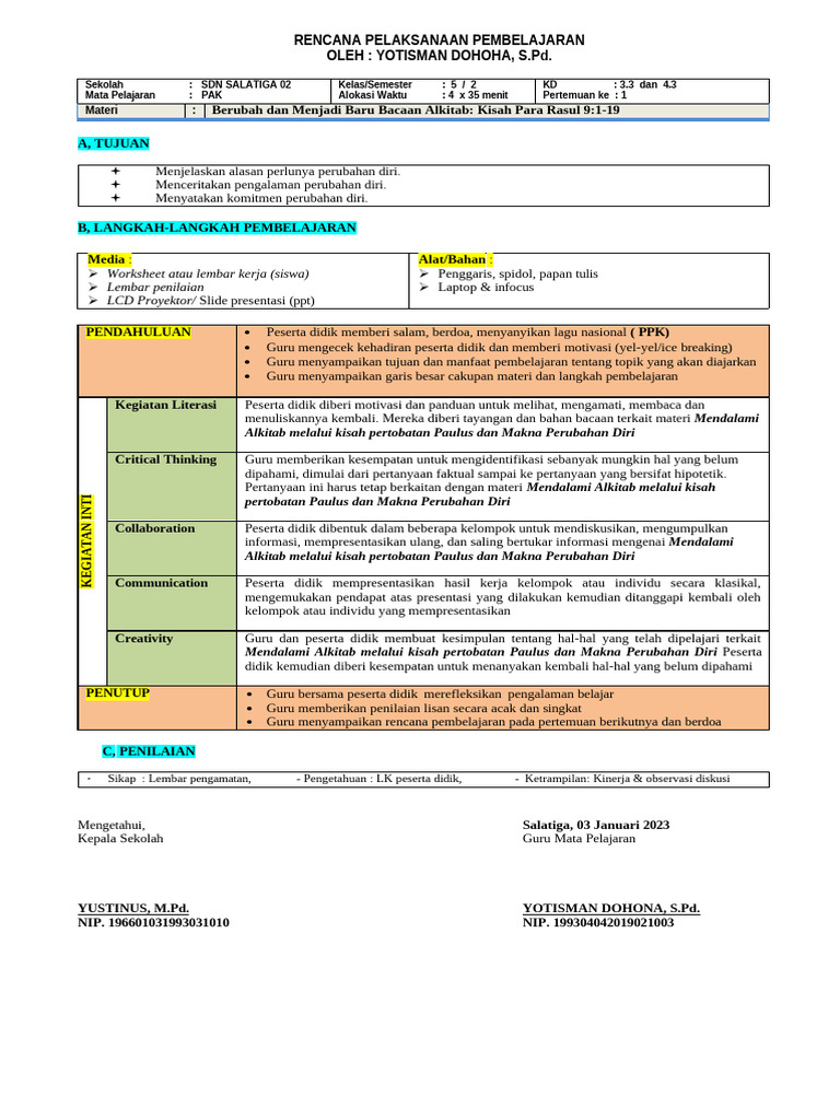 RPP PAK Kelas 5 | PDF