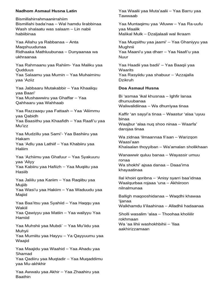 Nadhom Asmaul Husna Latin | PDF