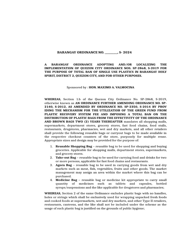 BARANGAY ORDINANCE NO - Single Use of Plastic | PDF
