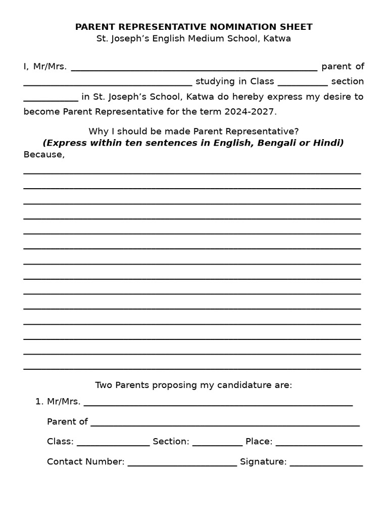 Parent Representative Nomination Sheet | PDF