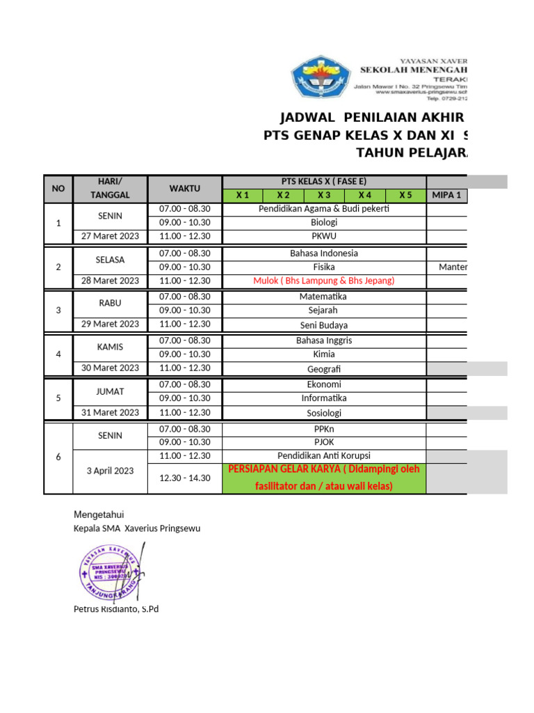 Jadwal Pat 2023, Pts X, Xi | PDF