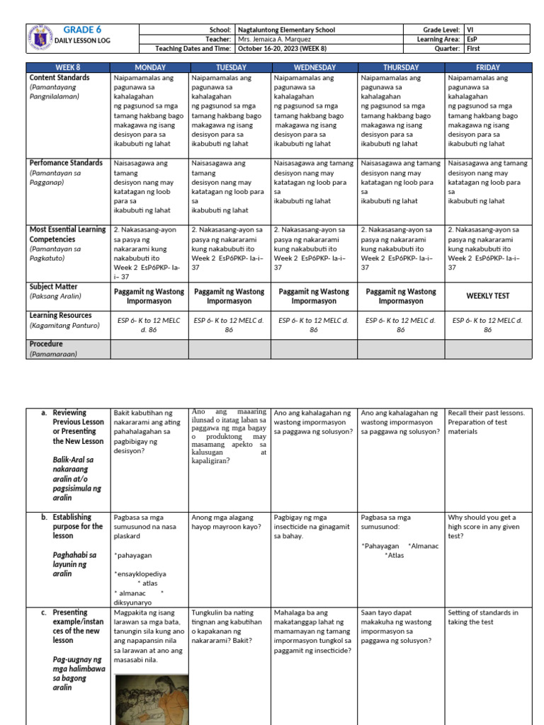 DLL - ESP6 WEEK 8 - Q1 by Teacher KJ VAL | PDF