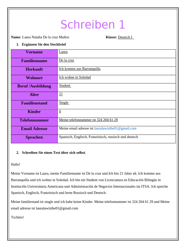 Schreiben 1 - Sich Vorstellen | PDF