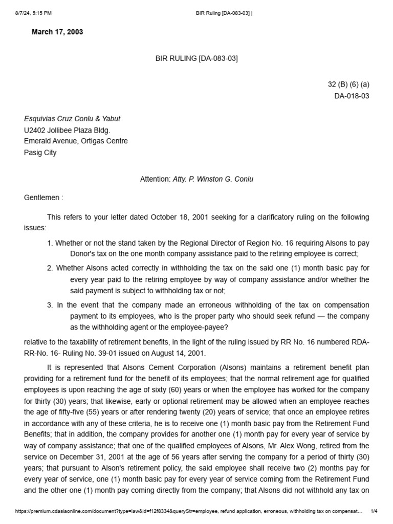 BIR Ruling (DA-083-03) | PDF