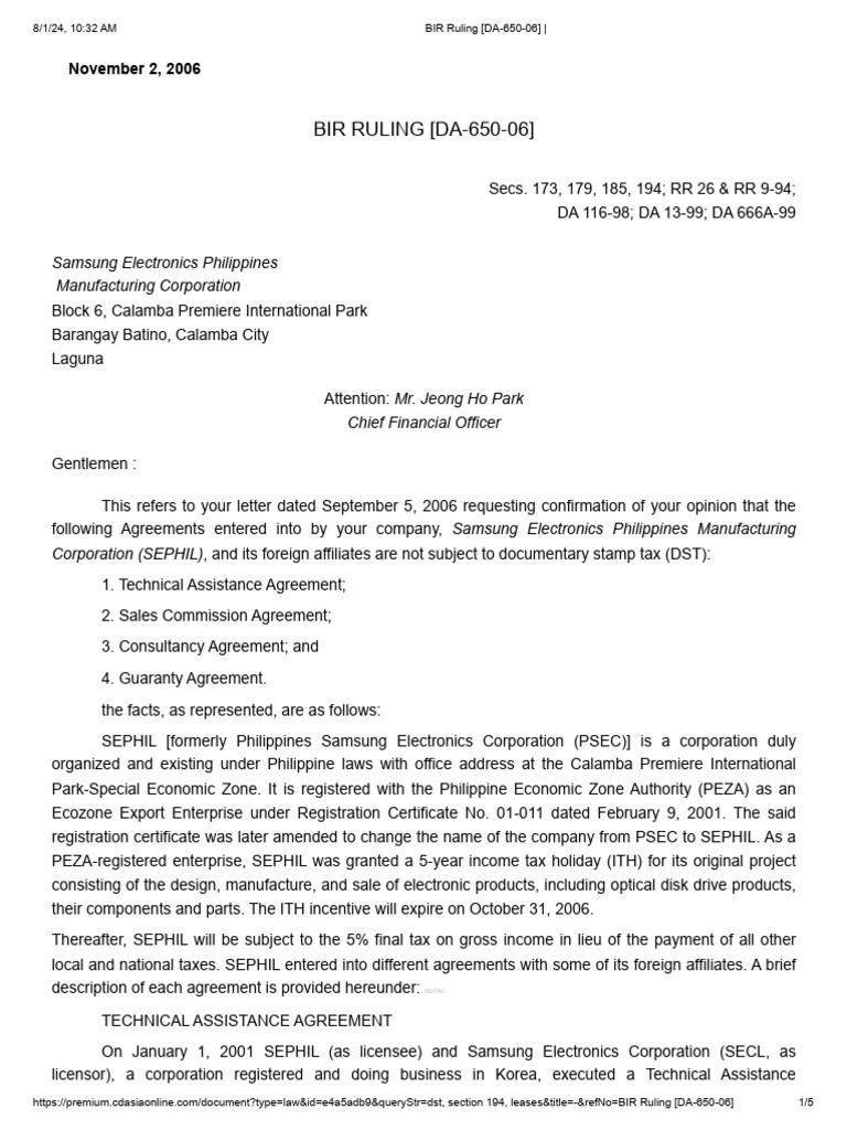 BIR Ruling (DA-650-06) | PDF