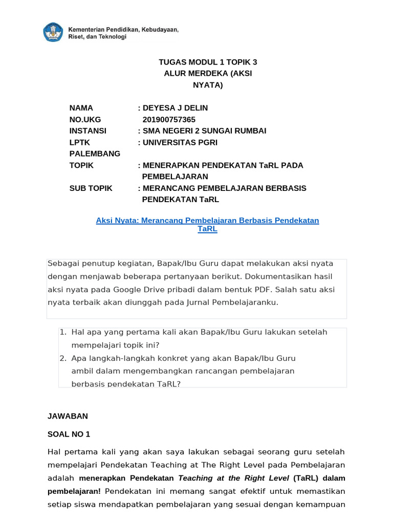 Aksi Nyata Pendekatan TaRL | PDF