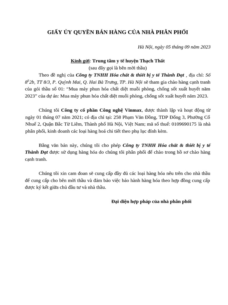 Giay Uy Quyen Ban Hang Cua Nha Phan Phoi - May Phun Hoa Chat ULV | PDF