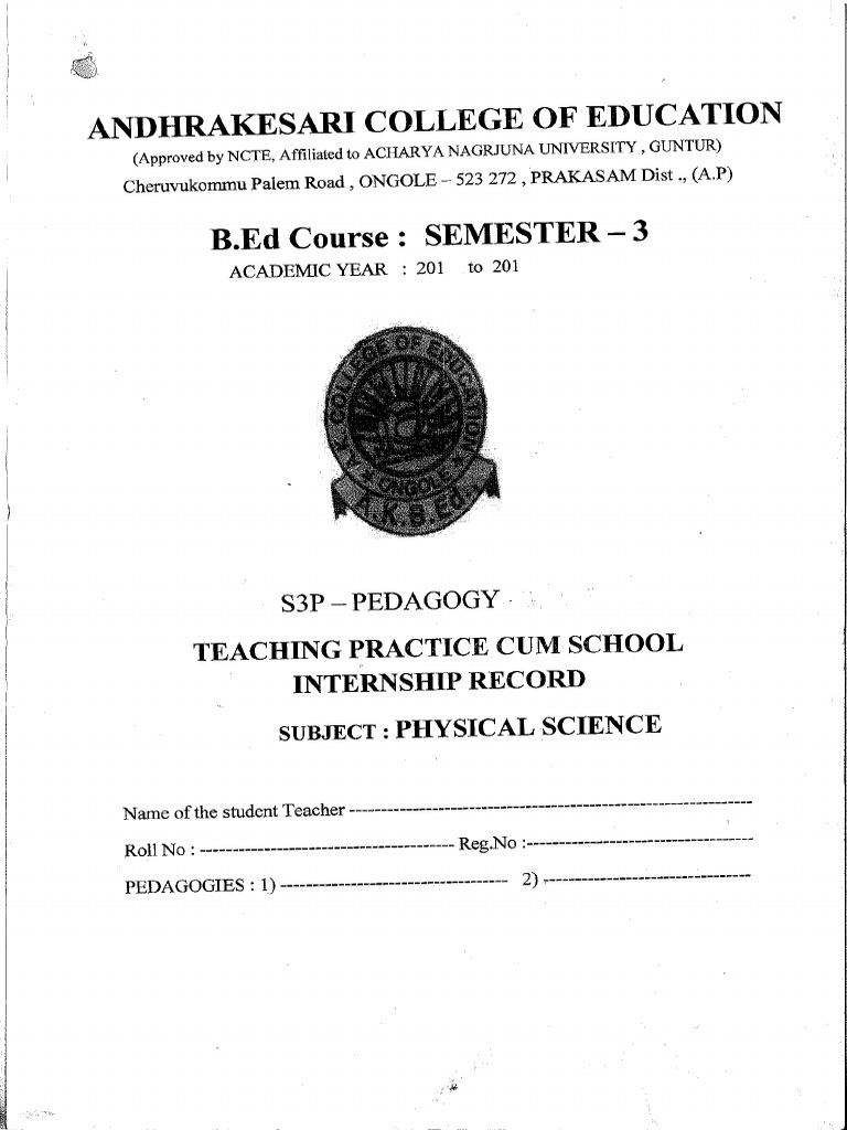 3rd Sem Teachung Practice Com School Internship Record Physical Science | PDF