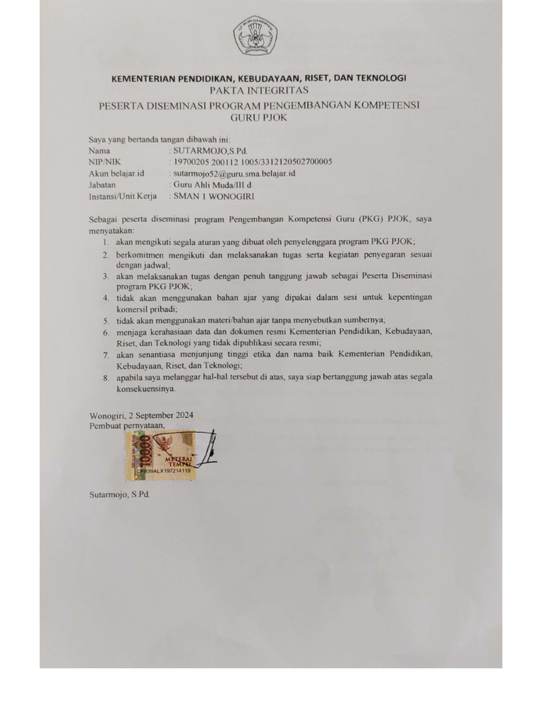 Pakta Integritas PPKG PJOK | PDF