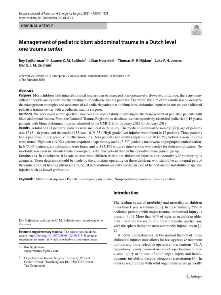 Management of Pediatric Blunt Abdominal Trauma in A Dutch Level One ...
