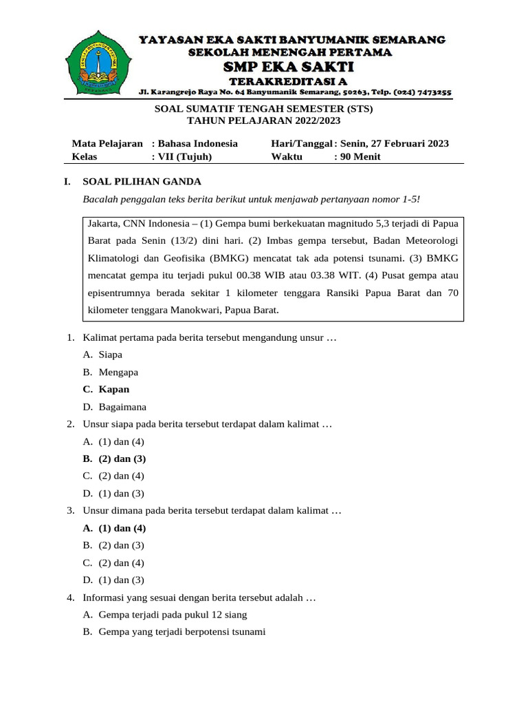 Soal PTS Bahasa Indonesia Kelas Vii SMT Ii | PDF