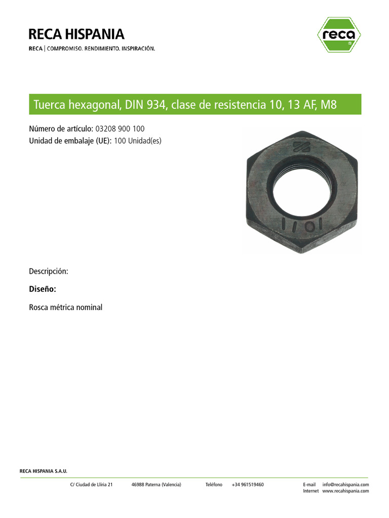 Tuerca Hexagonal, DIN 934, Clase de Resistencia 10, 13 AF, M8 | PDF