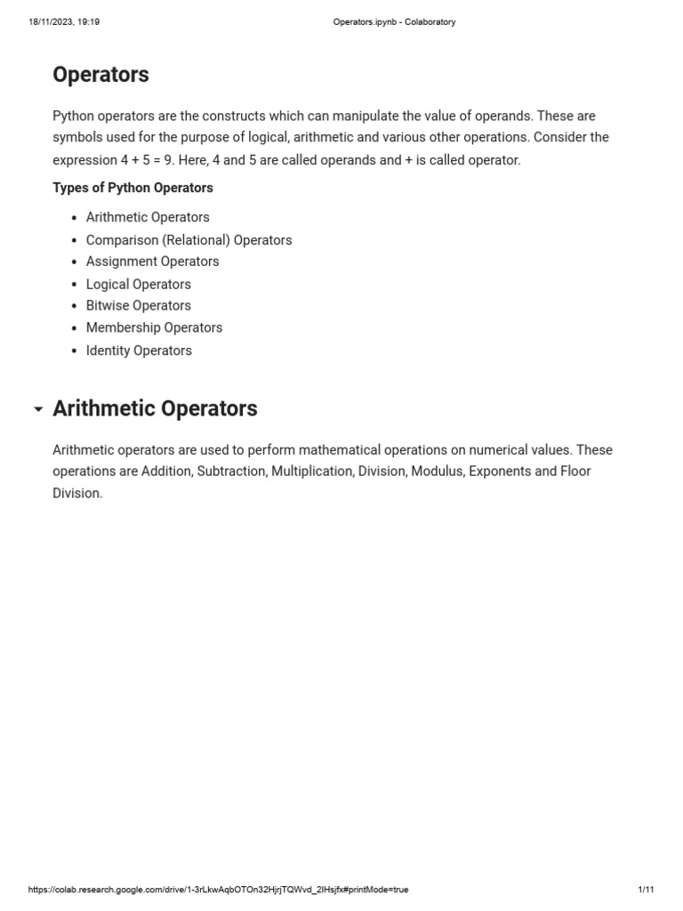 Operators - Ipynb - Colaboratory | PDF | Arithmetic | Multiplication