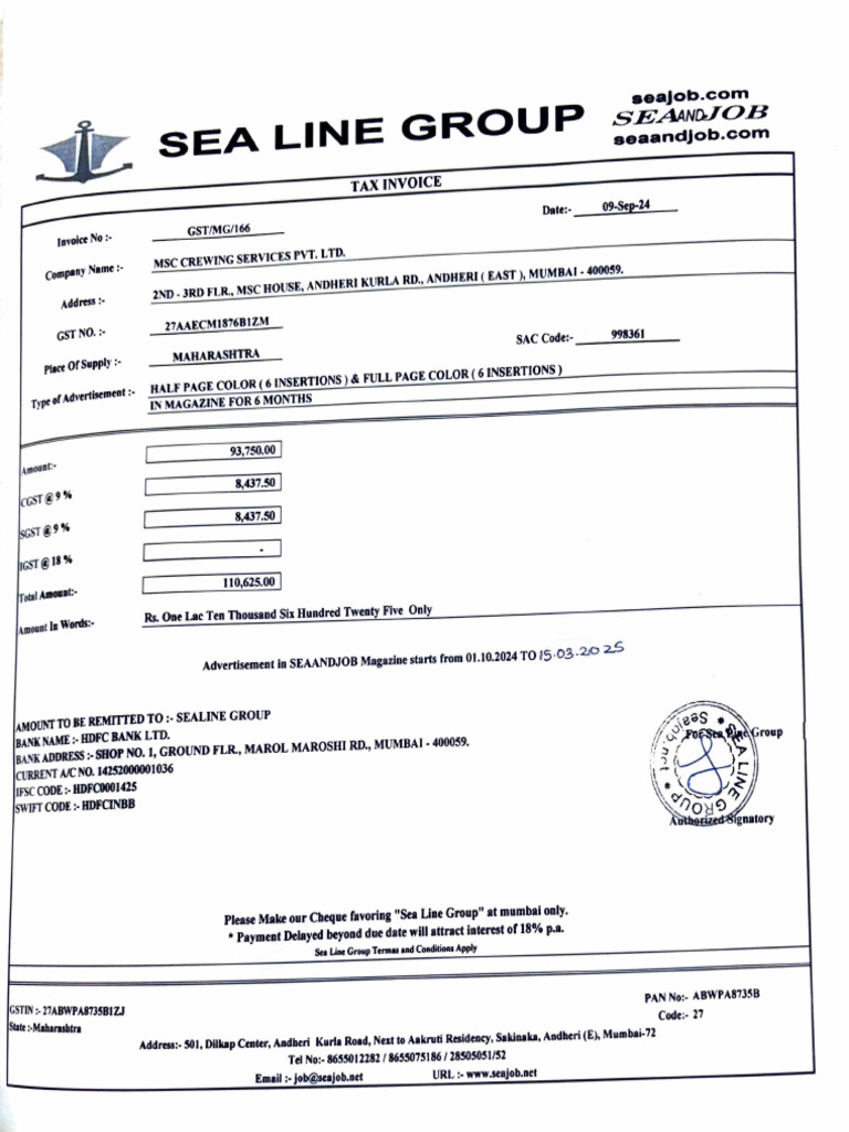 Sea Line Group: Tax Invoice | PDF