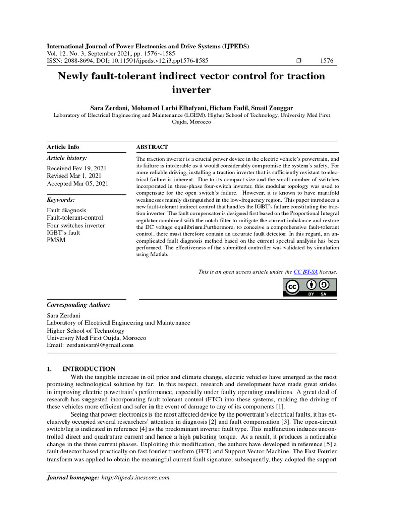 Newly Fault-Tolerant Indirect Vector Control For Traction Inverter ...