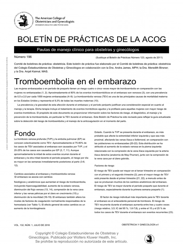 ACOG Practice Bulletin No 196 Thromboembolism In.54 | PDF