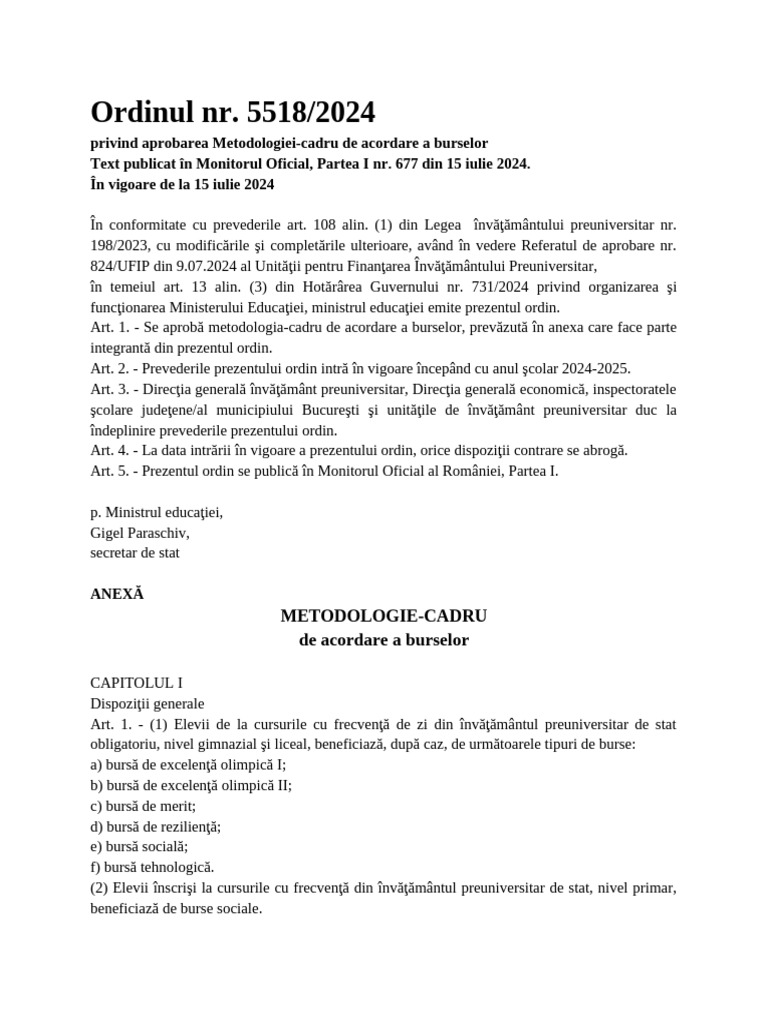 Ordinul 5518 2024 Acordare Burse | PDF