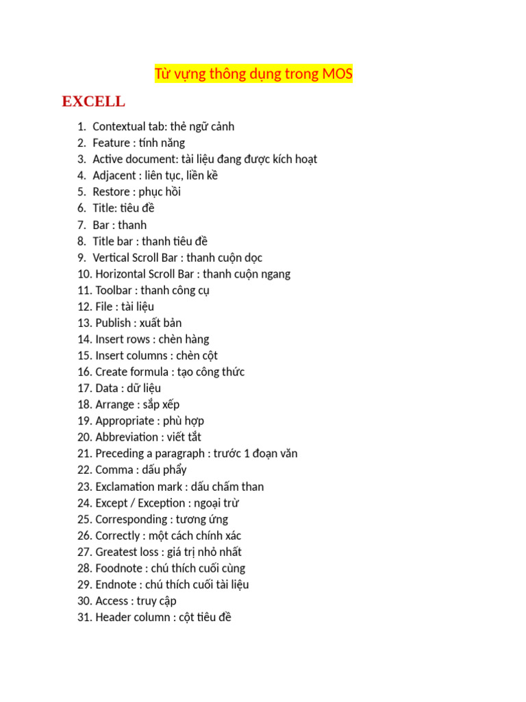 Excell: T V NG Thông D NG Trong MOS | PDF