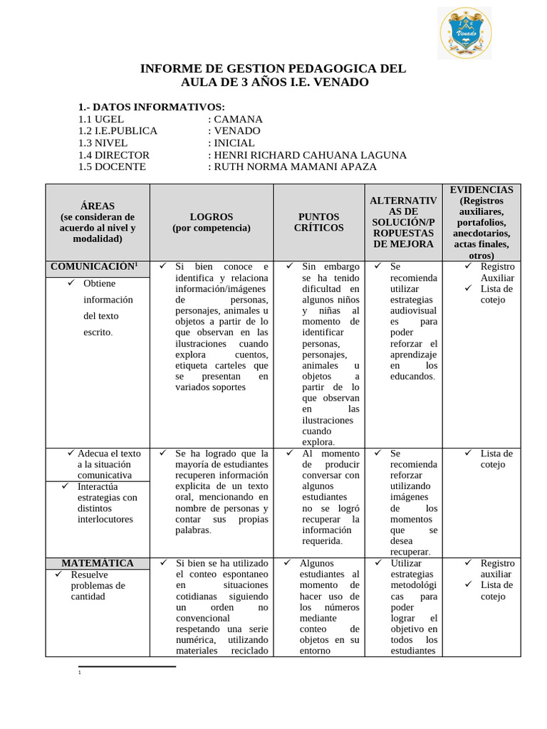 Informe Gestion Pedagogica | PDF