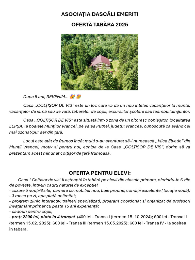 Oferta Pentru Parinti Si Elevi Tabara 2025 | PDF