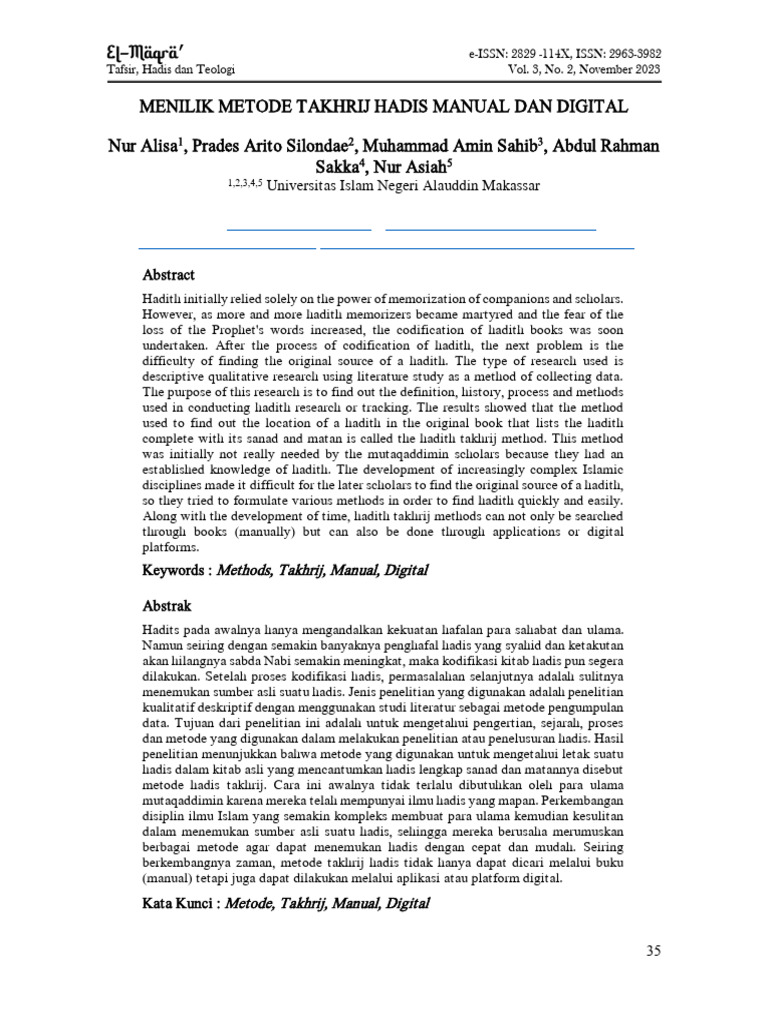 Menilik Metode Takhrij Hadis Manual Dan Digital | PDF