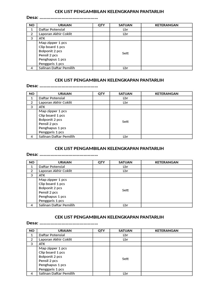 Cek List Pengambilan Kelengkapan Pantarlih | PDF