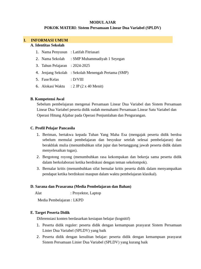 Modul Ajar SPLDV | PDF