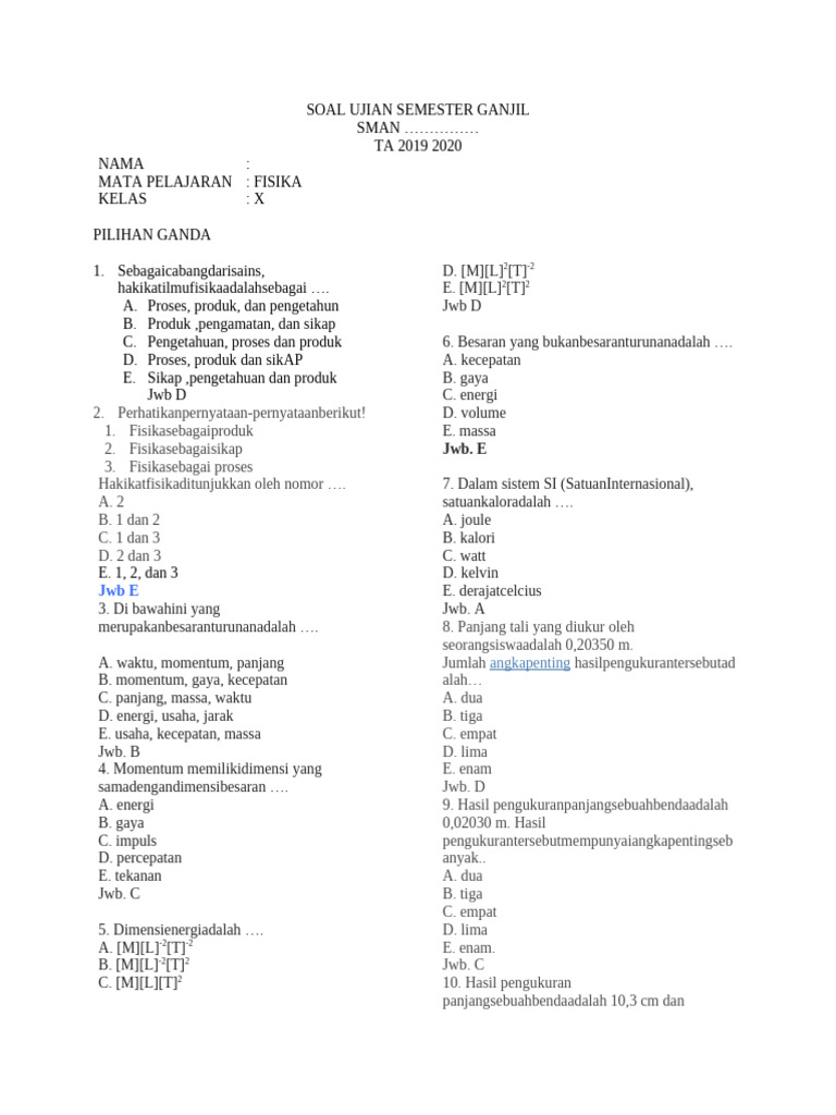SOAL US FISIKA KELAS X 40 Pilgan | PDF