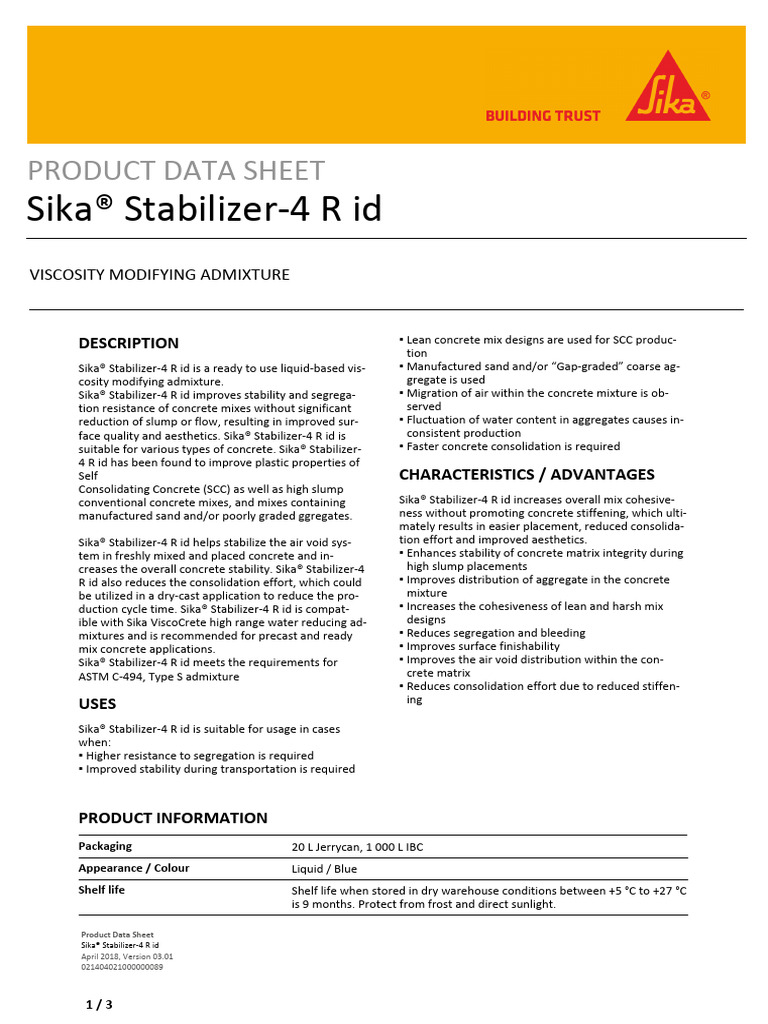 Sika Stabilizer-4rid | PDF | Concrete | Building Materials