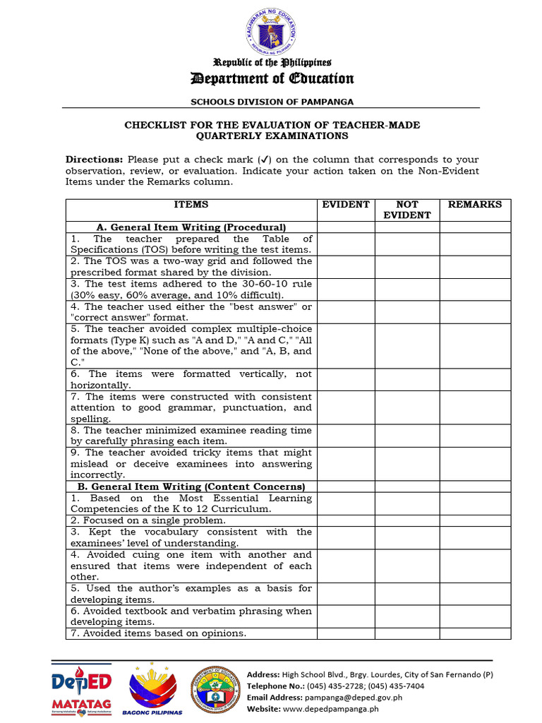 Checklist For The Evaluation of Teacher Made | PDF