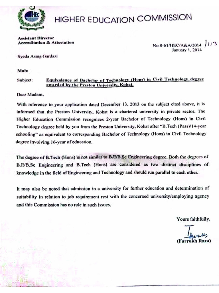 B.tec Is Not Equal To B.SC or B.SC Engineering. HEC Notifications | PDF
