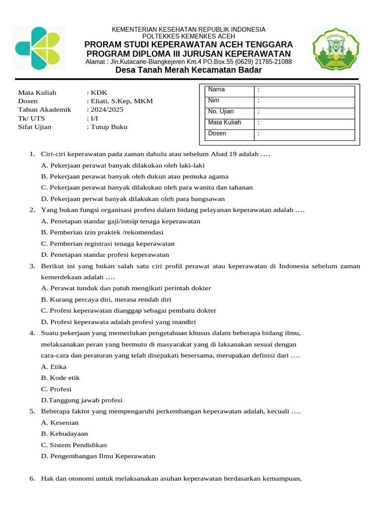 Soal Konsep Dasar Keperawatan KDK Eliati Ganjil 2024 | PDF