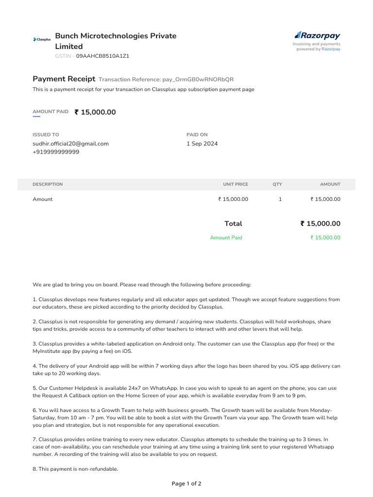 Classplus Subscription Receipt | PDF | Receipt | Finance & Money Management