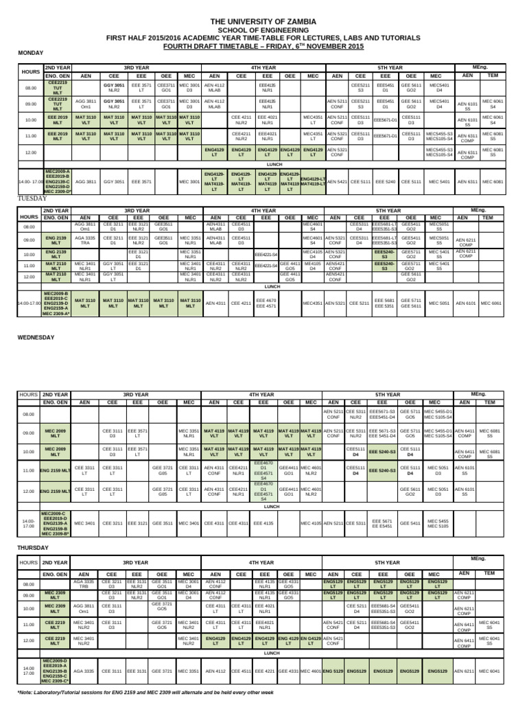 FIRST HALF 2015-16 ACADEMIC YEAR TIMETABLE - 4rth Draft | PDF ...
