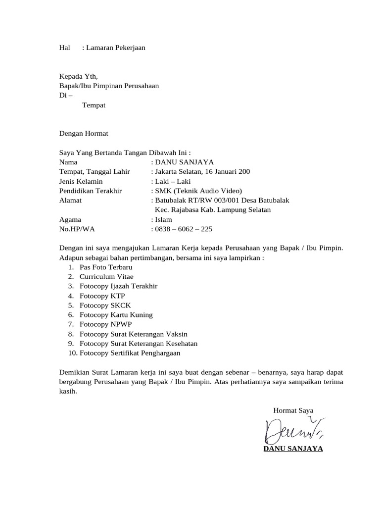 Ketikan Surat Lamaran Danu | PDF