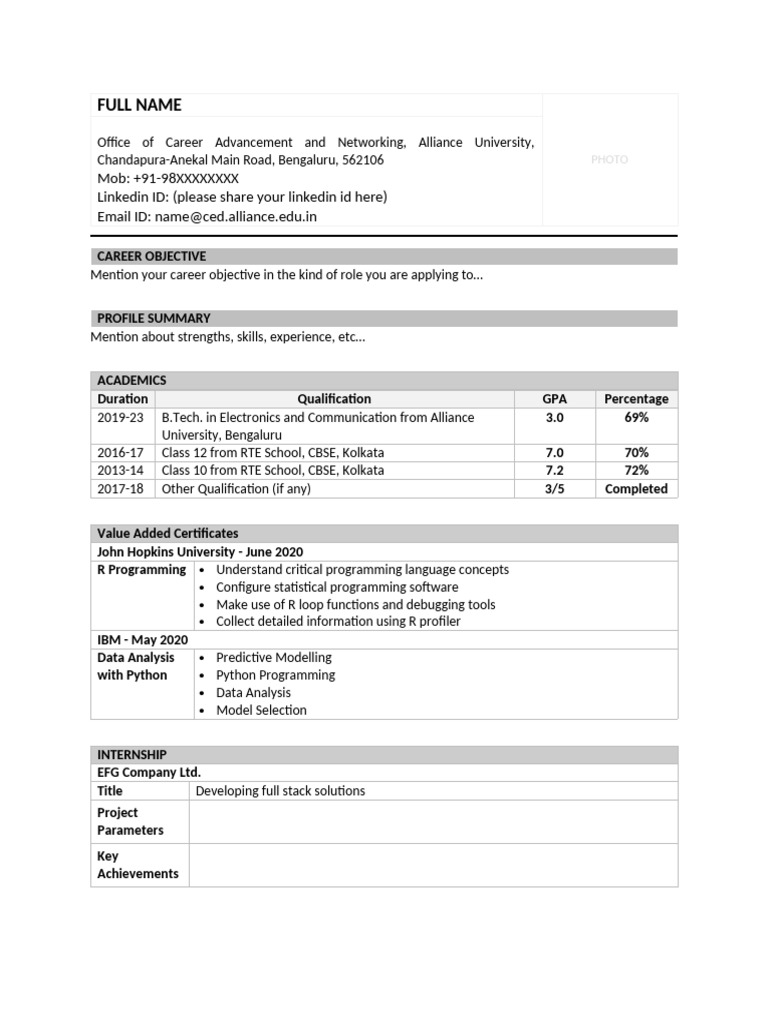 B.tech. Fresher CV Format | PDF
