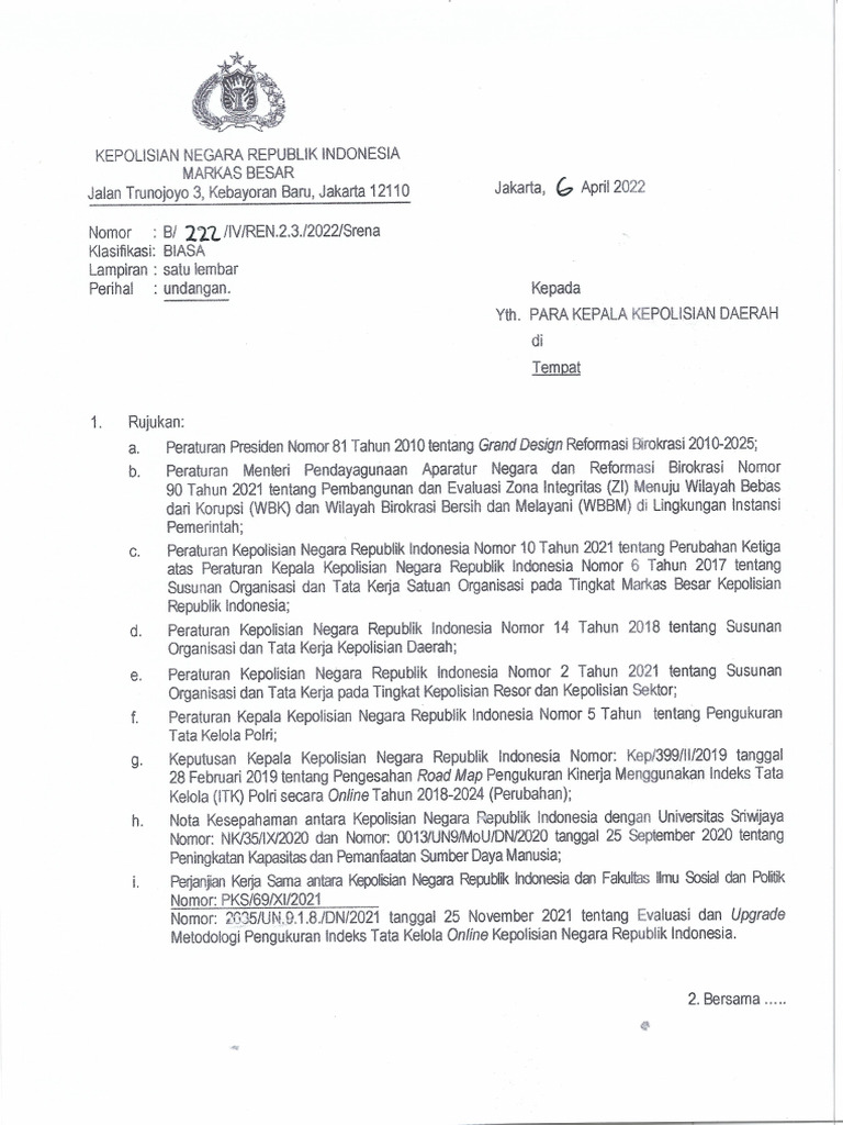 Surat Kapolri Perihal Sosialisasi Pedoman ZI | PDF